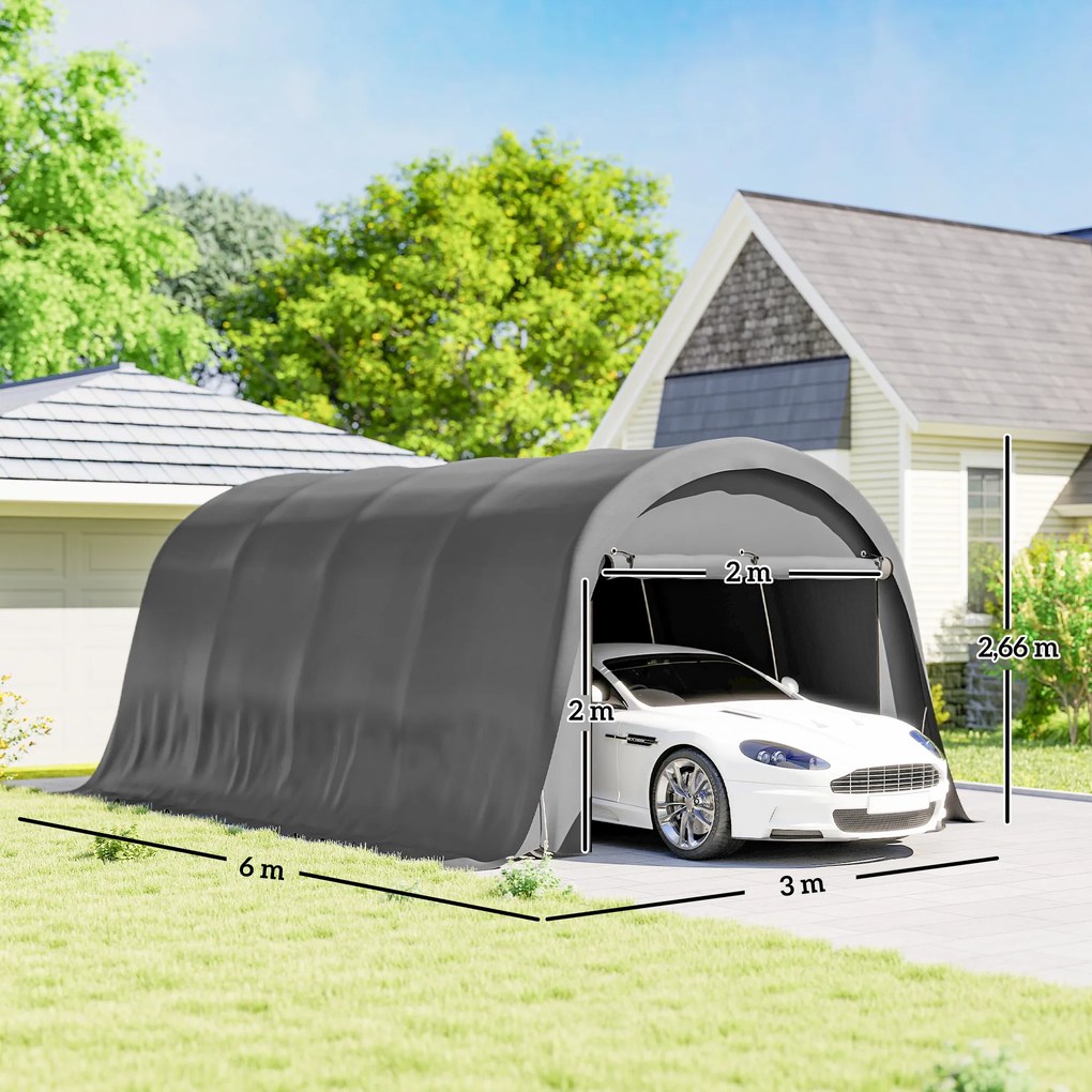 Outsunny přístřešek na auto 3 × 6 m – voděodolný úložný stan s odnímatelnými bočnicemi, velkými rolovacími dveřmi na zip, zakřivenou střechou, UPF50+…