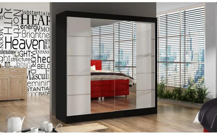 Praktická šatní skříň do ložnice BULAN V, černá s bílými dveřmi a zrcadlem