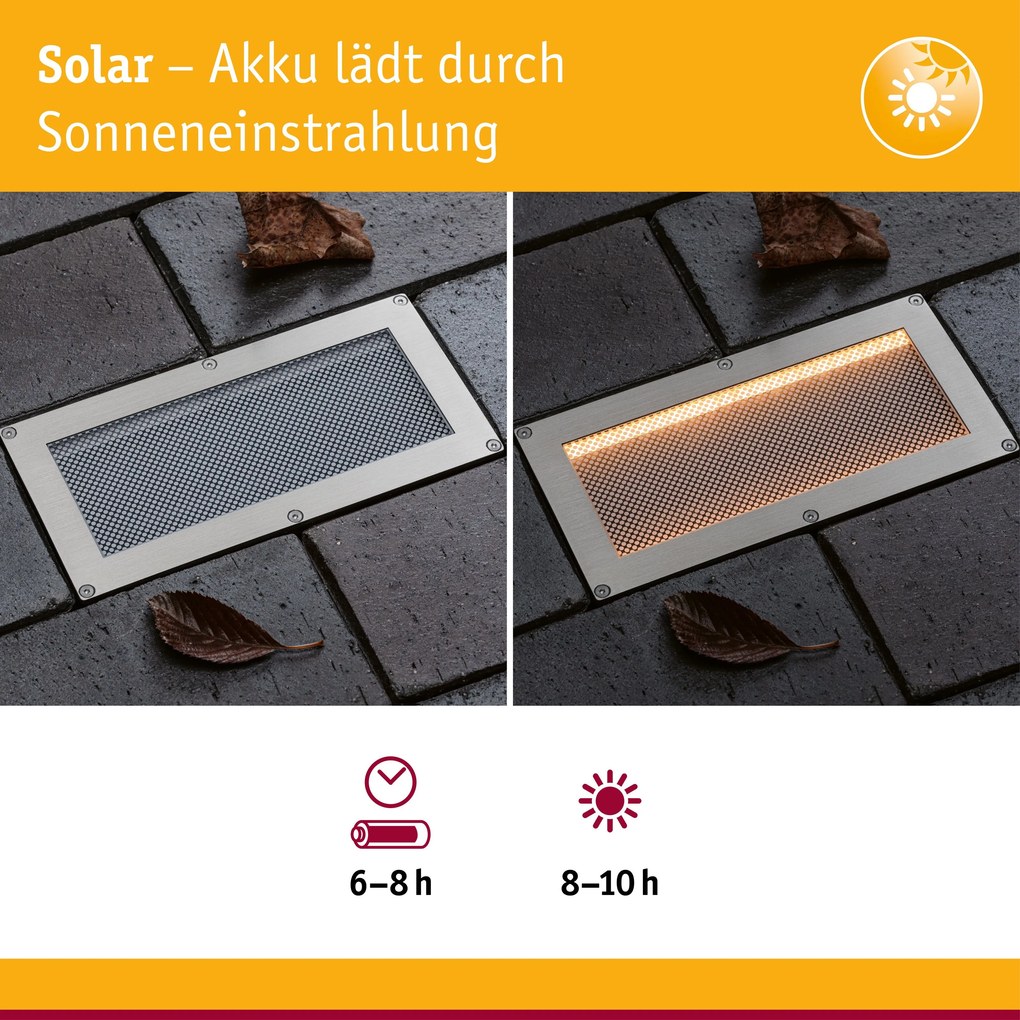 P 95745 Solární LED zemní svítidlo Sorea soumrakový senzor IP67 hranaté 200x100mm 2200K 0,3W 3,7V kov kartáčovaný ABS/polykarbonát/ocel - PAULMANN