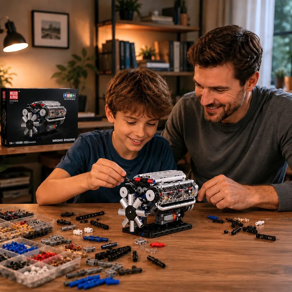LEAN Toys Stavebnicové kostky – Motor V8, mechanický model, pohyblivé písty, 552 dílů