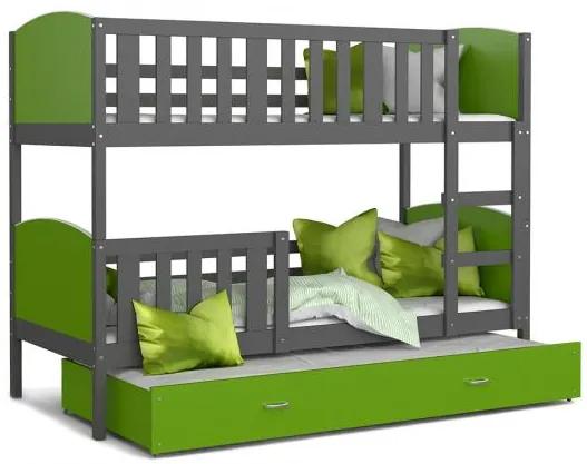 Dětská patrová postel TAMI 3 80x190 cm s šedou konstrukcí v zelené barvě s přistýlkou