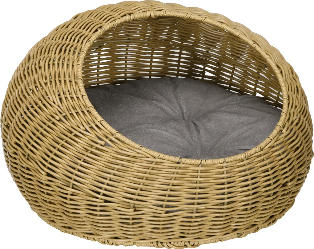 PawHut ratanový košík pro kočky s polštářem pro kočky do 4 kg, vnitřní jeskyně pro kočky z PE ratanu, Ø50 x 31 cm, světle hnědý pro útulné útočiště |…