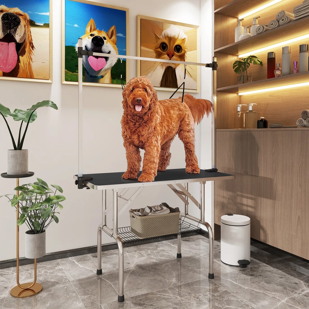 PawHut Trimovací stůl výškově nastavitelný skládací stůl pro psy s košíkem pod ním 107x60x170cm v černé barvě