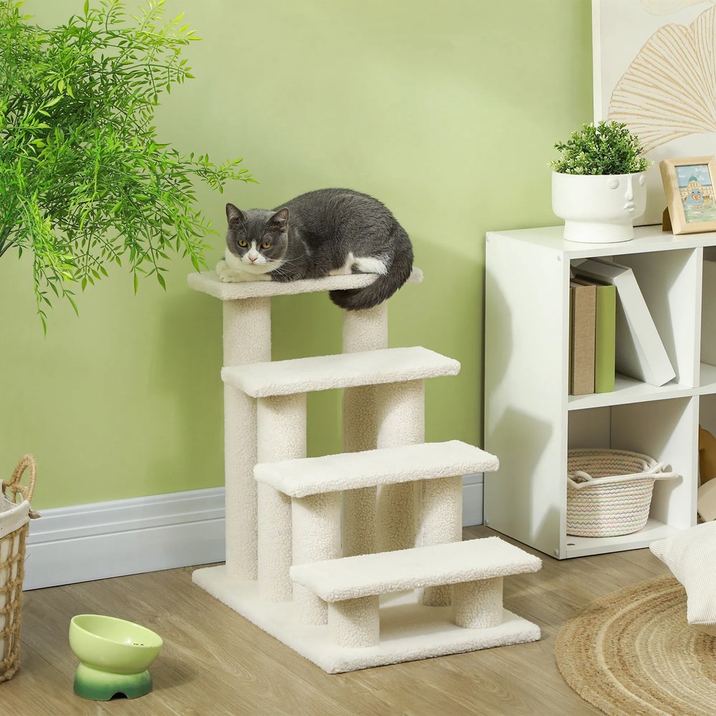 Schody pro psy a kočky PawHut 4stupňové plyšové béžové 63,5x43x60cm ideální pro starší zvířata