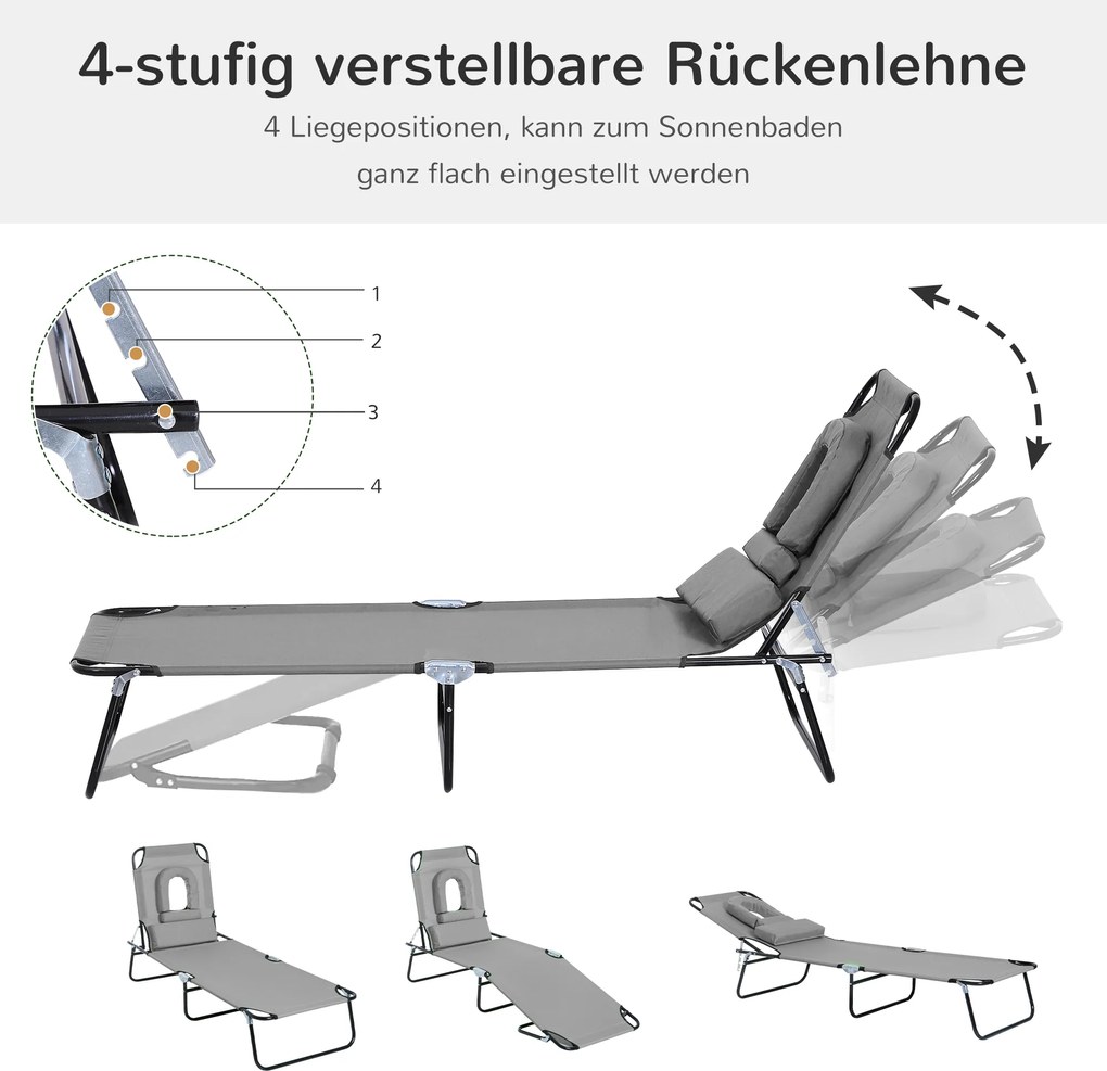 Lehátko s otvorem pro obličej a polštářem, skládací, voděodolný potah, kovový rám, tmavě šedá barva