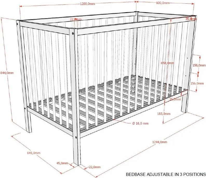 Hnědá postýlka z bukového dřeva s nastavitelnou výškou 60x120 cm Dino – Vipack