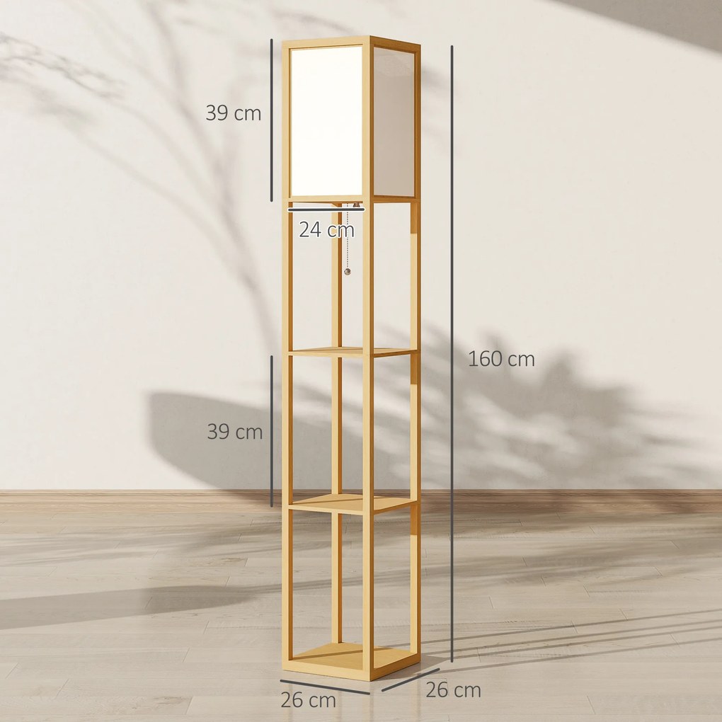 HOMCOM stojací lampa s 3 policemi, stojací svítidlo s objímkou E27, 26 x 160 cm, do obývacího/pokojového prostoru (Bez žárovky)
