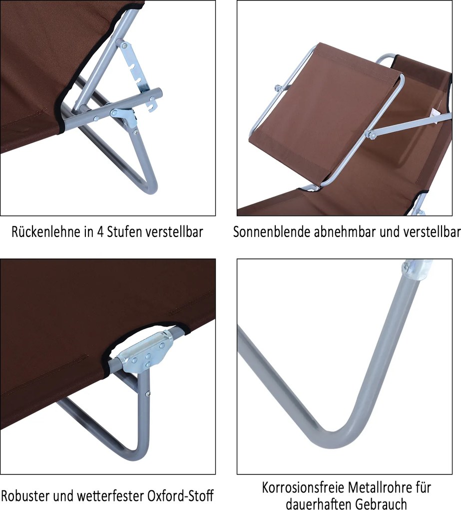 Zahradní lehátko Outsunny skládací s ochranou proti slunci hnědé 187x58x36 cm na terasu a balkon | Aosom.de