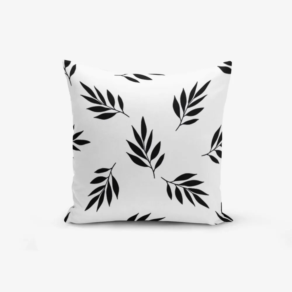 Černo-bílý povlak na polštář s příměsí bavlny Minimalist Cushion Covers Black White Leaf, 45 x 45 cm