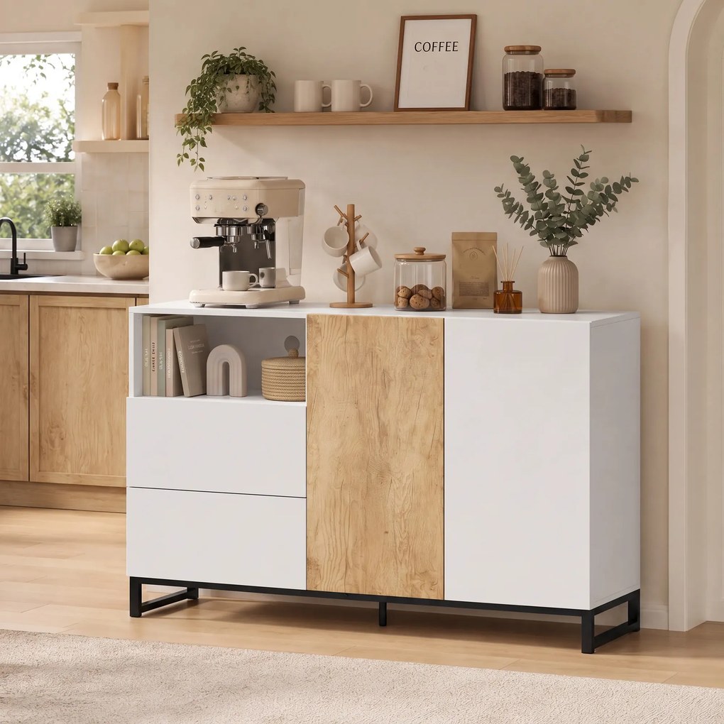 HOMCOM Komoda Moderní úložná skříňka se 2 dveřmi s tichým dovíráním a 2 zásuvkami 140x40x85 cm, bílá