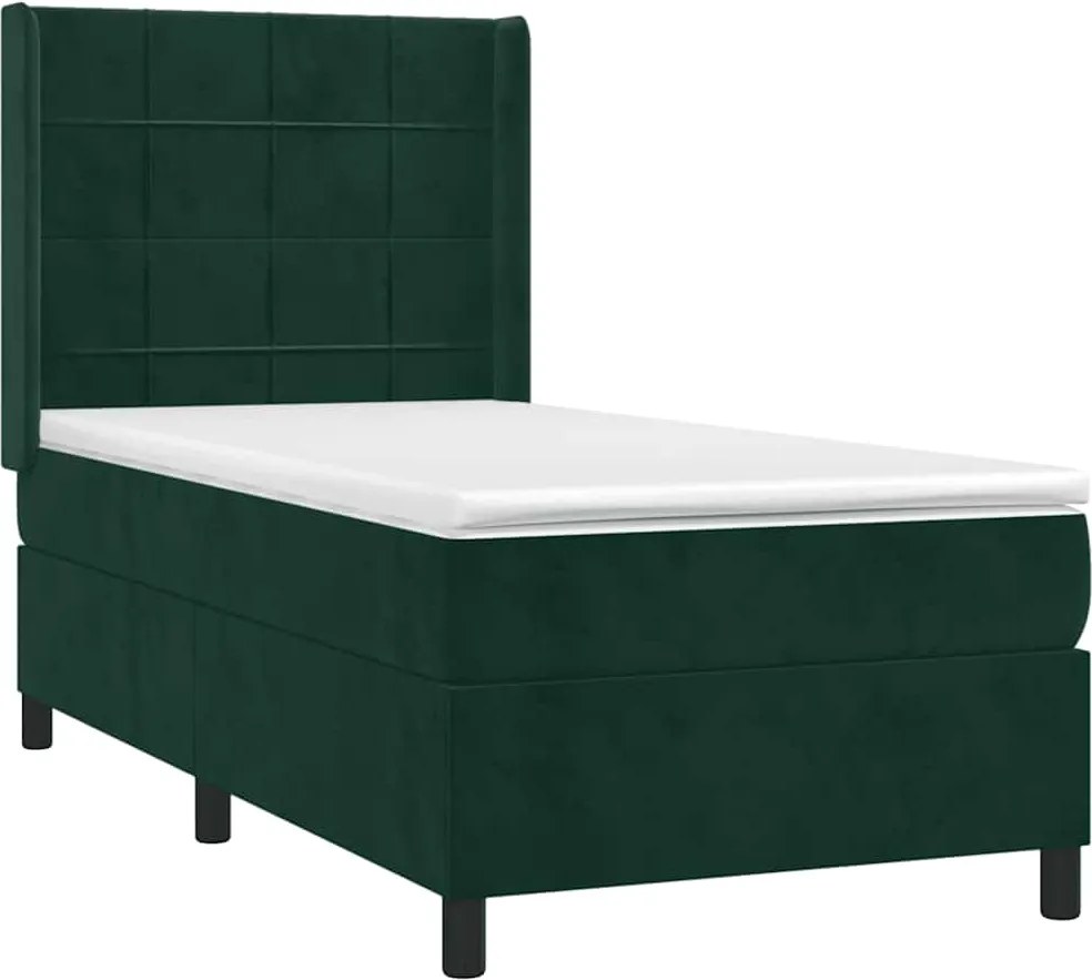Box spring postel s matrací a LED tmavě zelená 90x200 cm samet 3139544