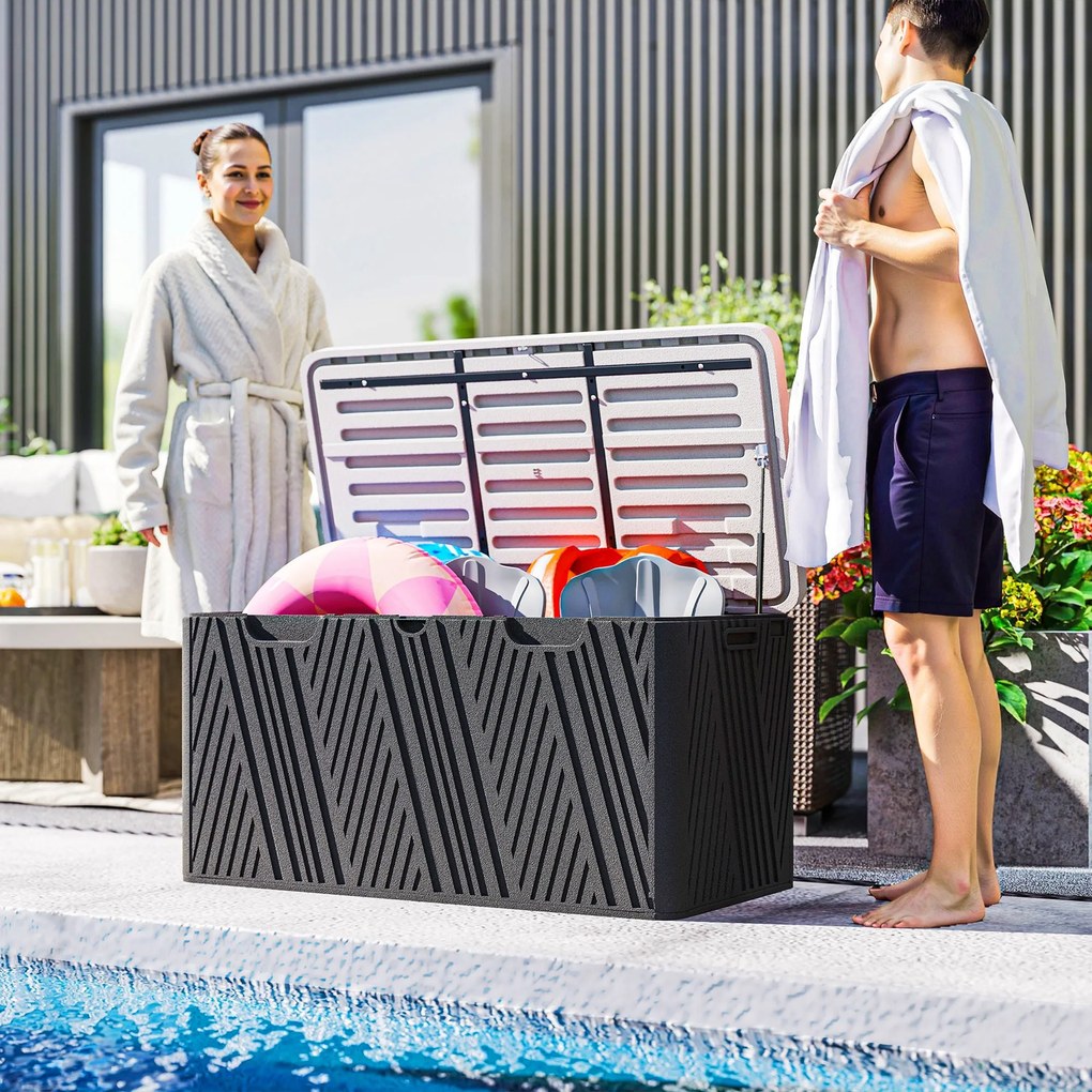 Outsunny 380L zahradní úložná lavice s plynovým pístem a 2 bočními držadly, voděodolná HDPE zahradní úložná sedačka, UV ochrana, 115x60x60 cm, černá …