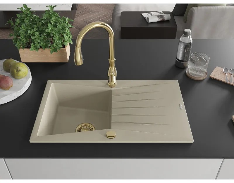 Mexen Cesar, 1-komorový granitový dřez 775x470x190 mm a dřezová baterie Savita, béžová, 6514-69-672601-50
