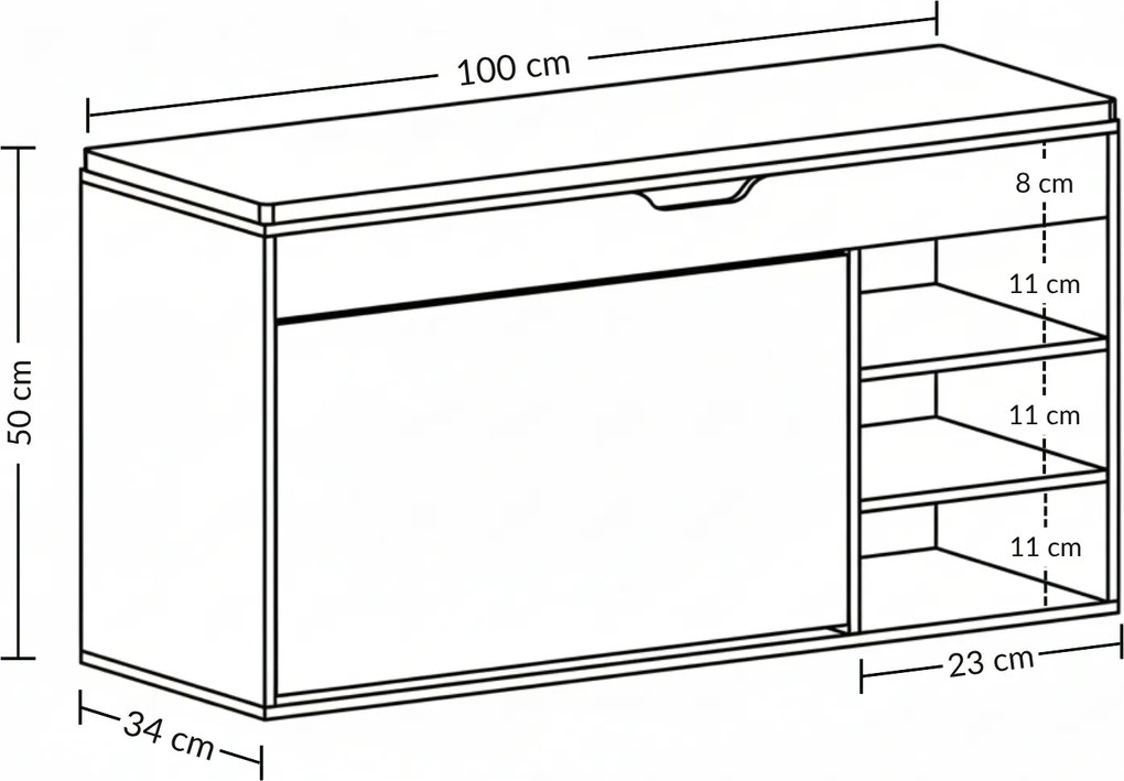 Botník hnědý se sedákem a výsuvnými policemi GRADIA, 100 x 34 x 50 cm