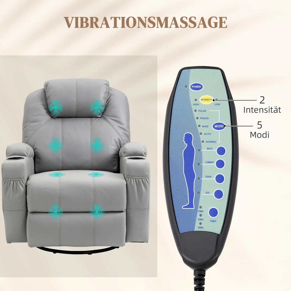 Masážní křeslo HOMCOM Relaxační křeslo s 8 vibračními body, 5 režimů, funkce polohování, nosnost 150 kg, imitace kůže, světle šedá