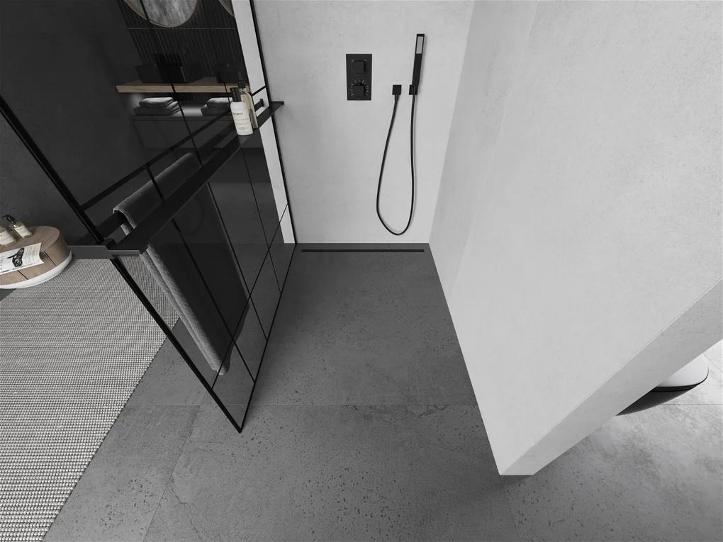 Mexen Kioto+, sprchová zástěna s poličkou a držákem na ručníky 130 x 200 cm, 8mm sklo čiré sklo vzor černý, černý profil, 800-130-121-70-78