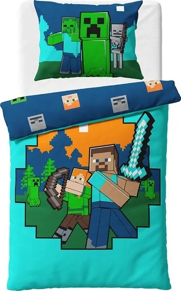 Carbotex dětské povlečení bavlna Minecraft Alex a Steve modré 140x200, 70x90 cm
