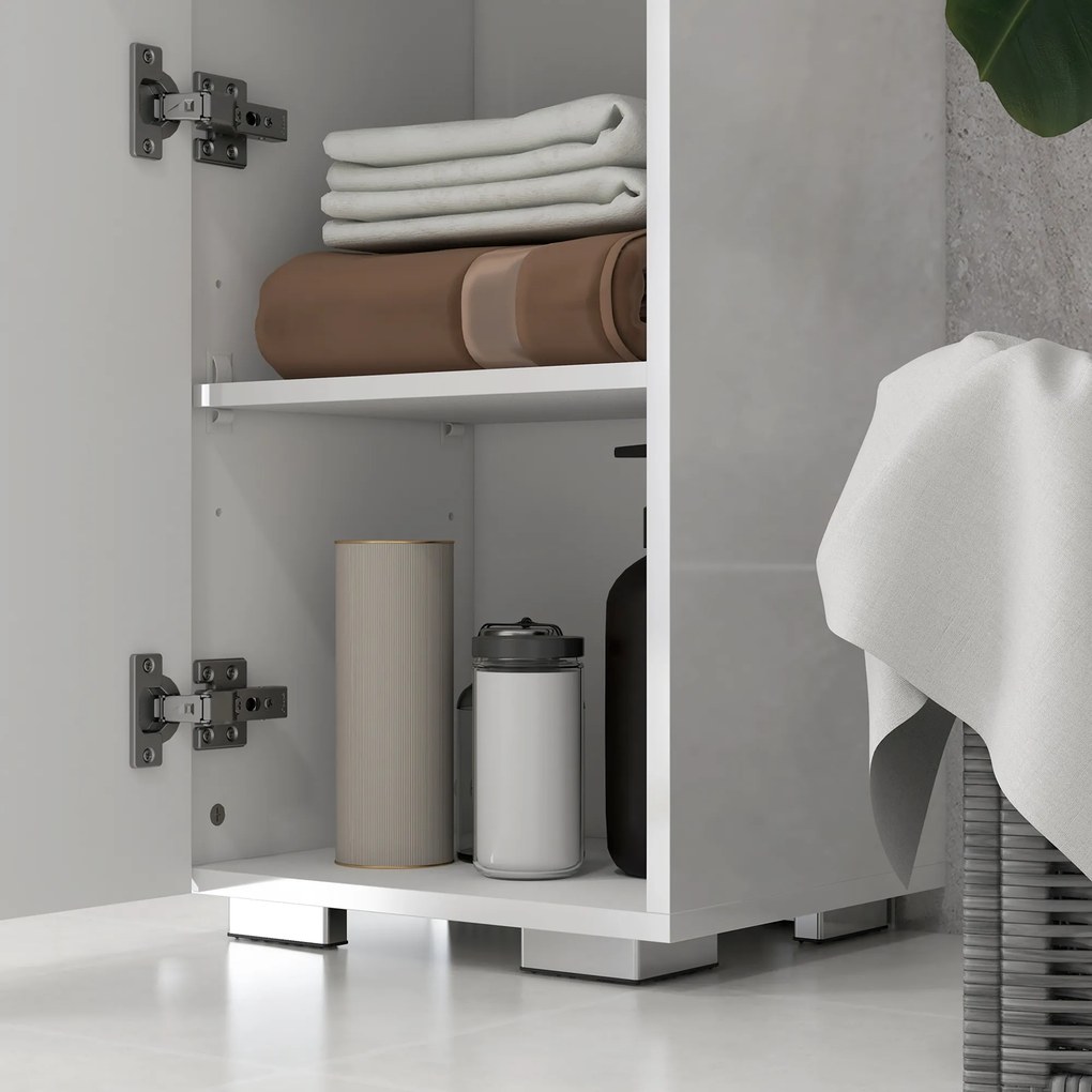 Kleankin sloupec pro úsporu místa do koupelny z MDF, koupelnová skříň s otevřenou policí, zásuvkou a uzavřenou skříňkou, 37x32,5x170 cm, leskle bílá