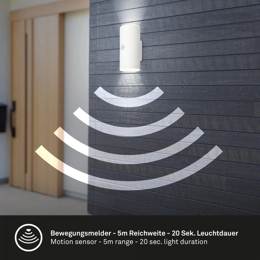 BRI 3787016 Lima LED venkovní nástěnné svítidlo, pohybové čidlo, soumrakový senzor, nabíjecí, bílé - BRILONER