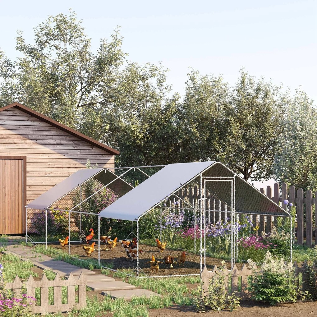 PawHut Velký venkovní kurník 24 m² pro 16-24 slepic 3x8x2 m Galvanizovaný ocelový kurník s PE krytem a zámkem - Stříbrný