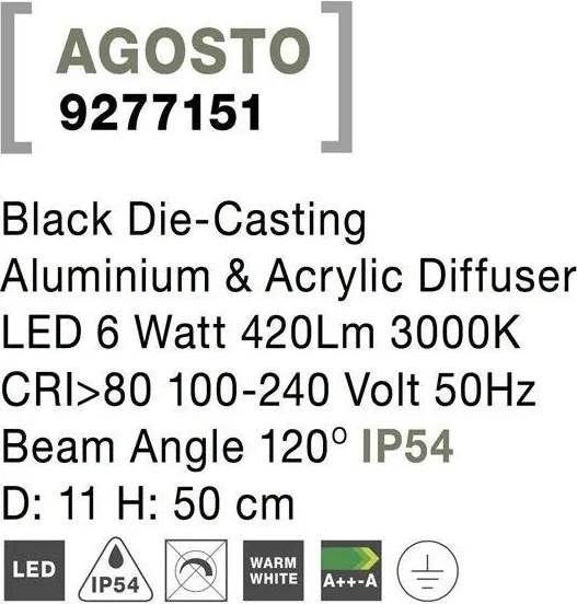 NV 9277151 Venkovní sloupkové svítidlo AGOSTO černý hliník a akrylový difuzor LED 6W 3000K 100-240V 120st. IP54 - NOVA LUCE