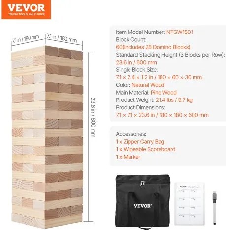 Hračka Tumbling Timber hračka 60 bloků Giant Tumble Věž Blocks Hra Taška