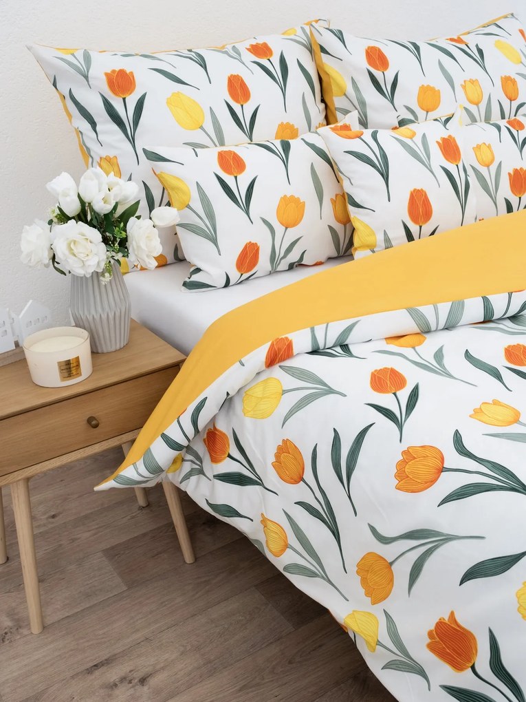 MK Lůžkoviny Prodloužené bavlněné povlečení Renforcé - Květy tulipánů oranžové 140 × 220 cm, 70 x 90 cm