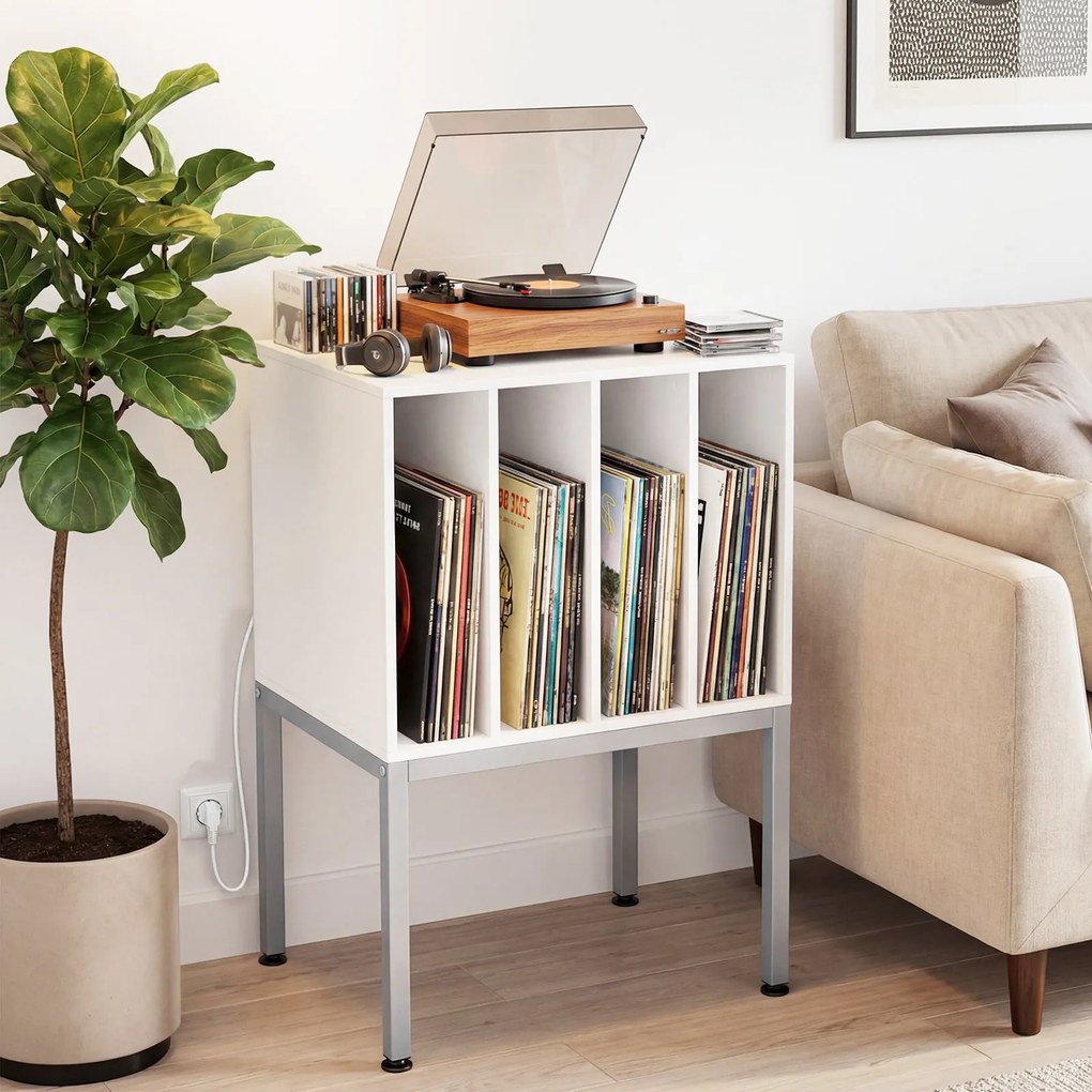 Costway Stolek na gramofon s nabíjecí stanicí a přihrádkami, bílý