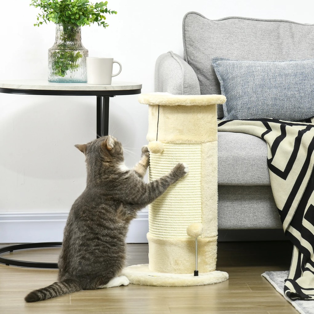 Škrabadlo PawHut pro kočky s hračkami a 2 míčky, ze sisalu a měkkého plyše, 34 x 25,5 x 58 cm, ideální pro malé kočky, krémově bílé | Aosom.de