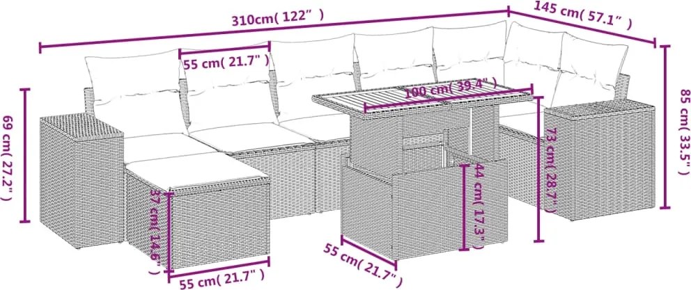 8dílná zahradní sedací souprava s poduškami šedá polyratan 3275937