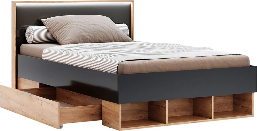 Postel Junior 1,2x2,0 s šuplíky Lava / dub kraft Luna