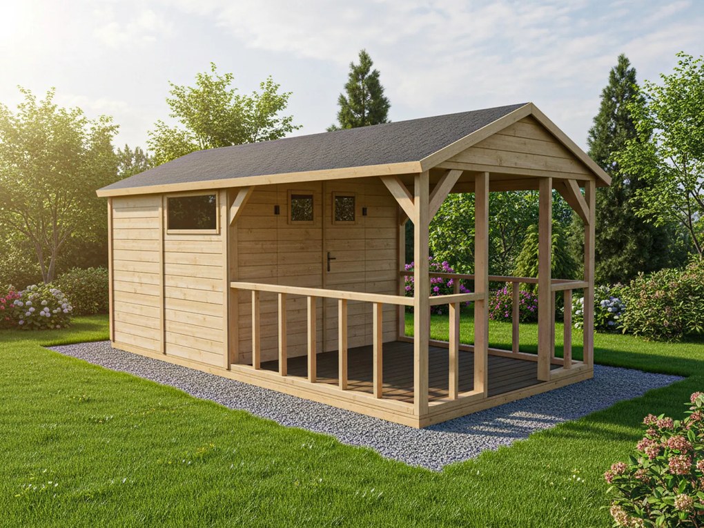 nejzahradnidomek.cz - Dřevěný domek ROZMARÝN s terasou - Premium, barva natur, (2,7 × 5,2 m), ST_ROZMAR2