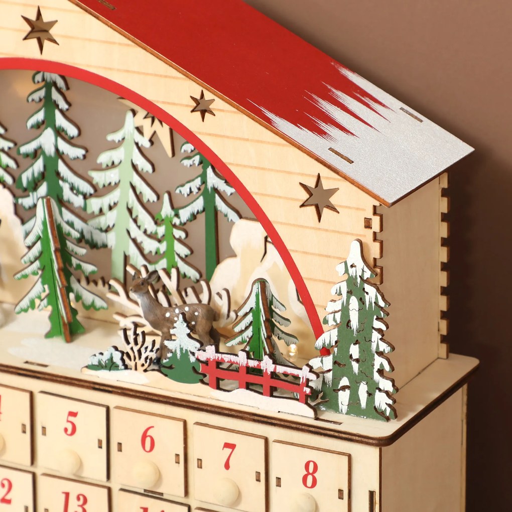 HOMCOM Adventní kalendář k naplnění 24 zásuvky přihrádky, vánoční kalendář s LED světly, přírodní dřevo, 36 x 10 x 34 cm