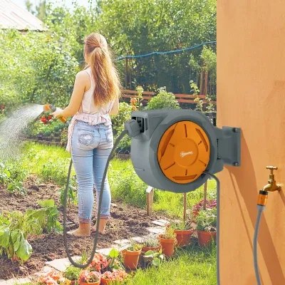 Outsunny vozík na zahradní hadici, vodní hadicový vozík 30+2 m, nástěnný držák + rukojeť 180° 59 x 23 x 42 cm, šedý