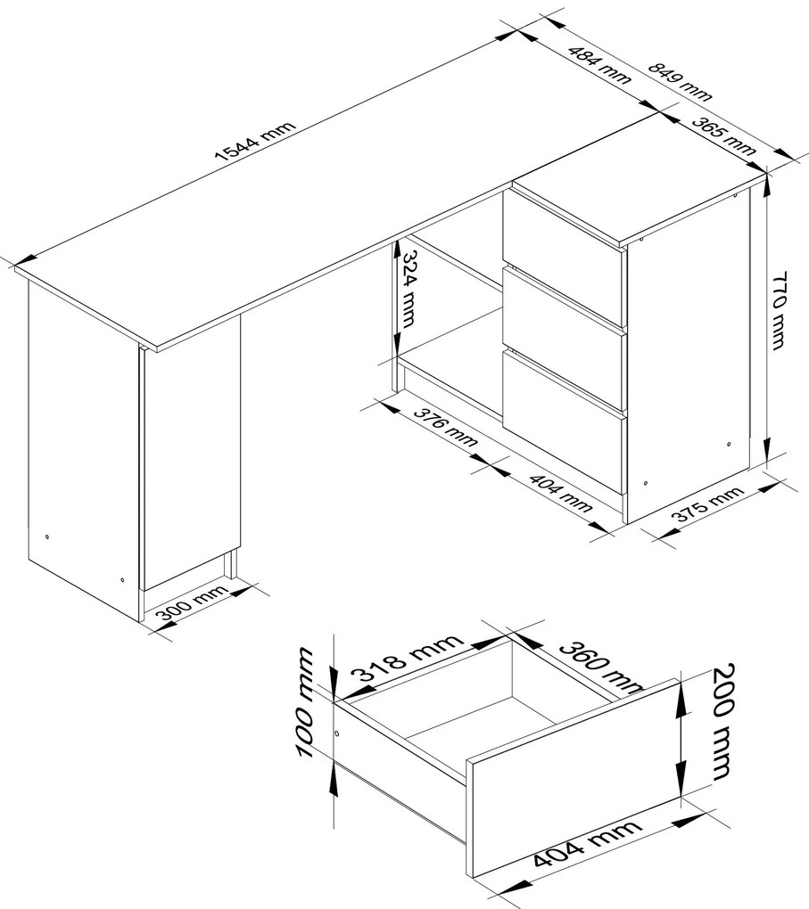 Rohový PC stolek Bevin (bílá + wenge) (P). 1069624