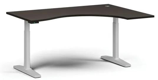 Výškově nastavitelný stůl, elektrický, 675-1325 mm, ergonomický pravý, deska 1600x1200 mm, bílá podnož, wenge