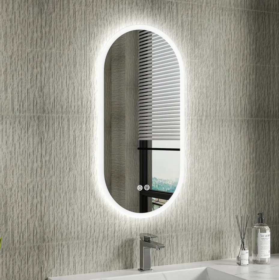 Erga Demi, oválné LED zrcadlo 40x80cm, 3 barvy světla, přední osvětlení, topná podložka proti zapaření, ERG-V01-DEMI-4080-CL