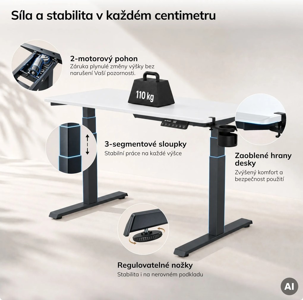 Elektrický stůl s nastavením výšky ergonomický antracitově-bílý, 1200x600 mm: ARIA