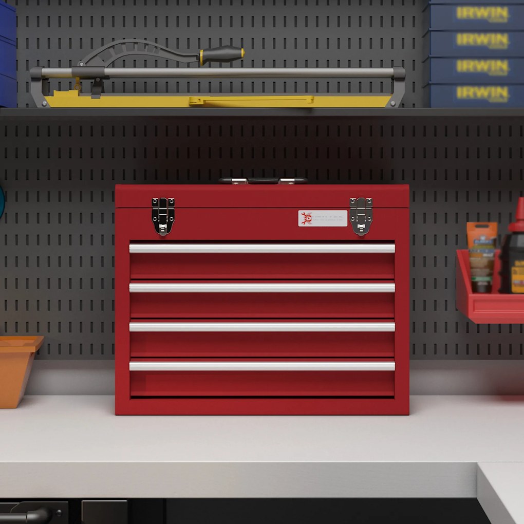 DURHAND box na nářadí prázdný, 51 x 22 x 39,5 cm Box na nářadí se 4 zásuvkami, horní úložný prostor, rukojeť, box na nářadí se zámkem, ocel