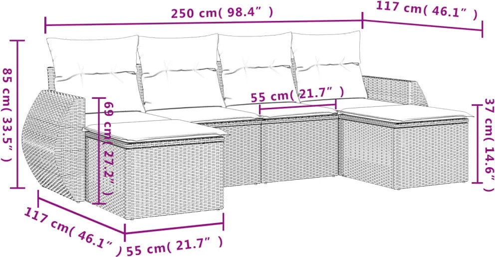 6dílná zahradní sedací souprava s poduškami šedá polyratan 3254057