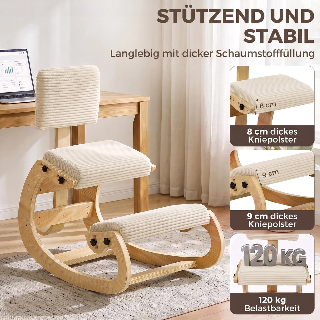 HOMCOM Ergonomická kolenní židle, kolenní stolička se záhlavím, vzhled manšestru, kancelářská židle do domácnosti, kanceláře, meditace, krémově bílá