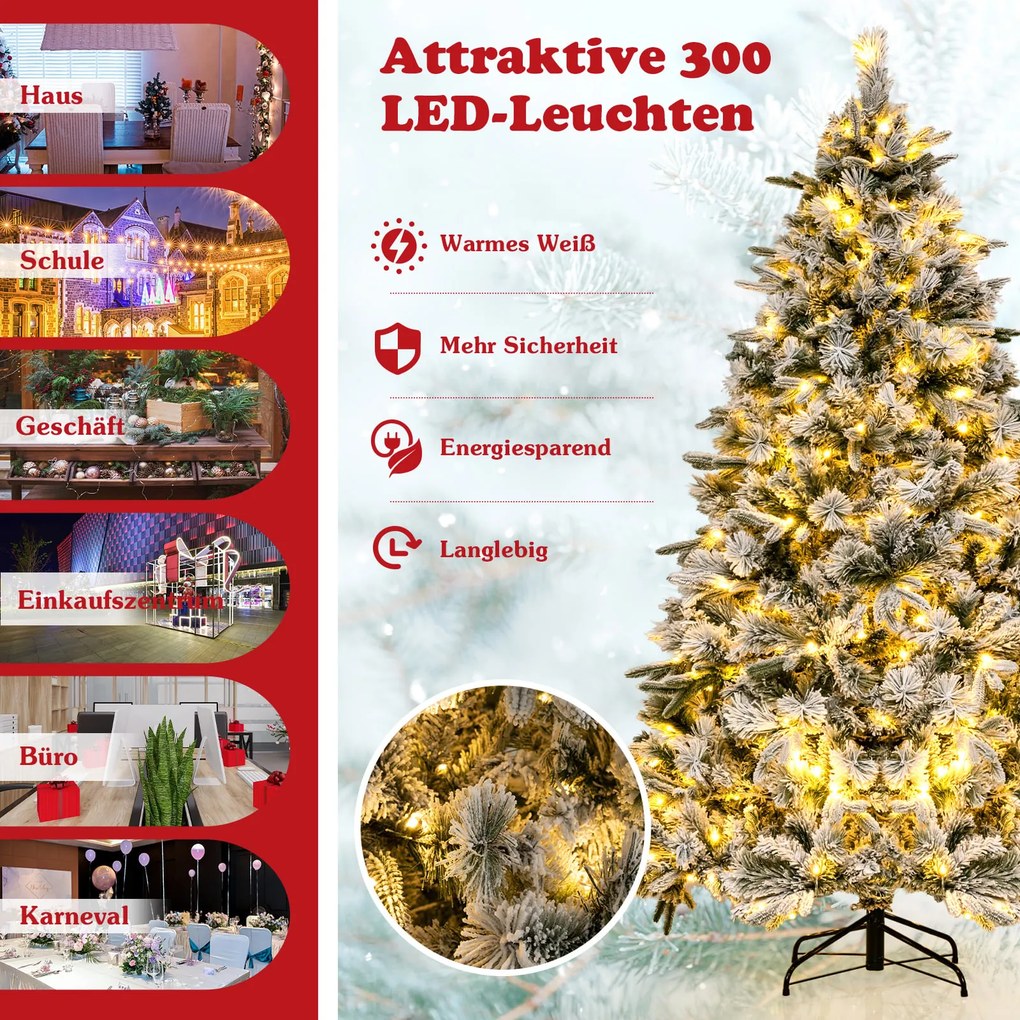 Costway 210 cm Umělý vánoční stromek se sněhem a osvětlení Vánoční strom s 300