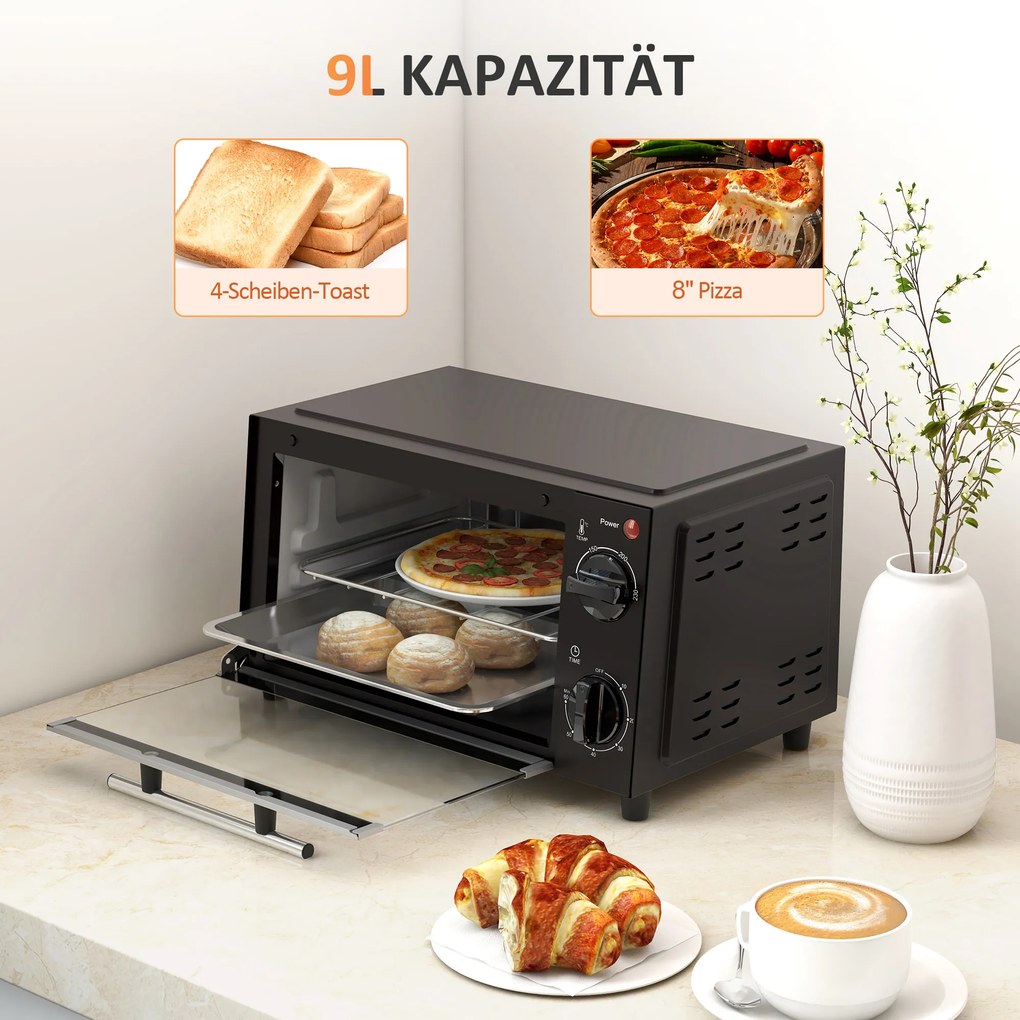 HOMCOM Mini trouba 9L Mini trouba s pečicím plechem, grilovací rošt, 100 °C-230 °C, s nastavitelnou teplotou a dobou pečení, časovač na 60 min, 750 W…
