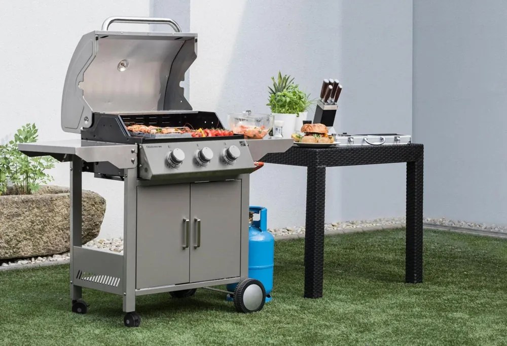 Plynový gril OKLAHOMA BBQ, 3 hořáky, s redukčním ventilem, stříbrná Penta CZ