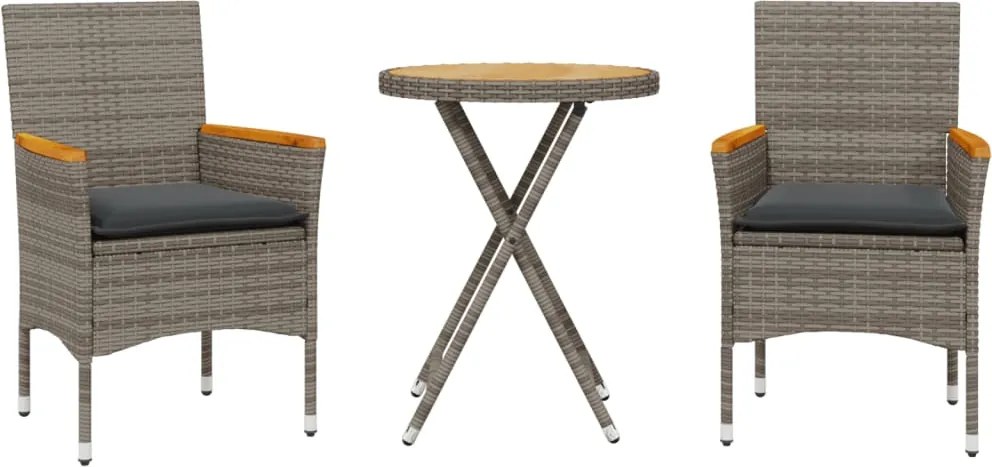 3dílný bistro set s poduškami šedý polyratan a akácie 3278754