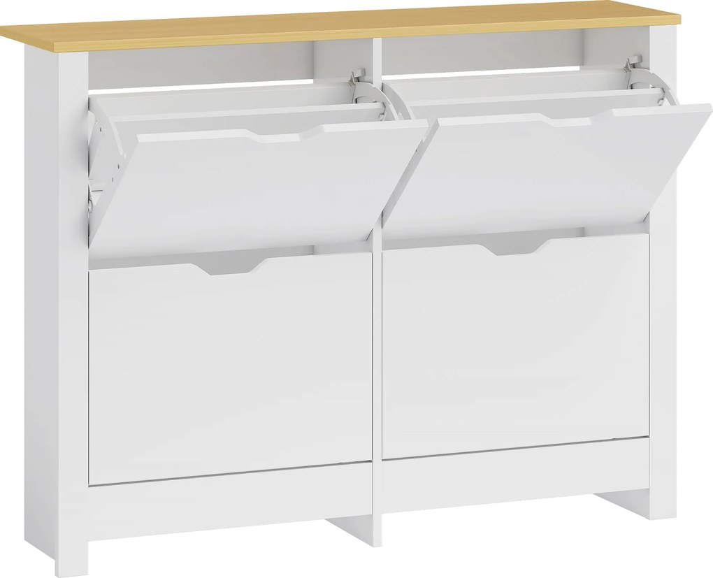 HOMCOM úzký botník s 4 výklopnými přihrádkami – úsporný regál na boty až pro 16 párů, 105 × 26 × 80 cm (bílá / přírodní)