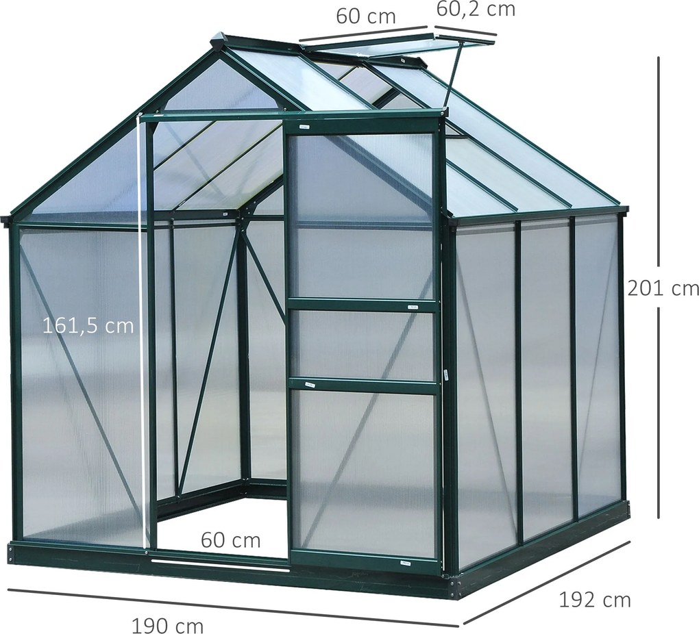 Outsunny Polykarbonátový Zahradní Skleník 3.65m² Hliníkový Zahradní Skleník 190 x 192 x 201cm UV-odolný, s Vyztuženým Základem, Okapy, Střešním Oknem…