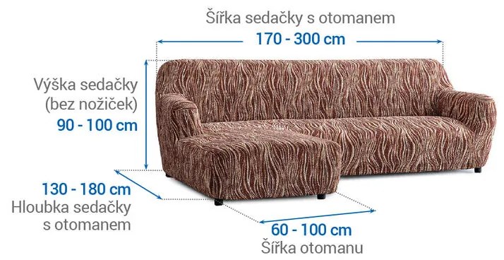 Bielastické potahy UNIVERSO NOVÉ žíhané hnědé sedačka s otomanem vlevo (š. 170 - 300 cm)