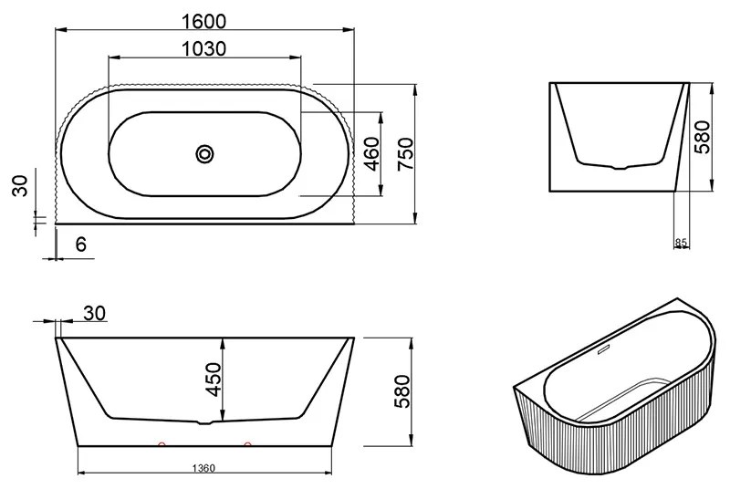 BPS-koupelny Volně stojící akrylátová vana ke stěně HYD-CA517C 160x75 bílá, odtokový komplet bílý matný