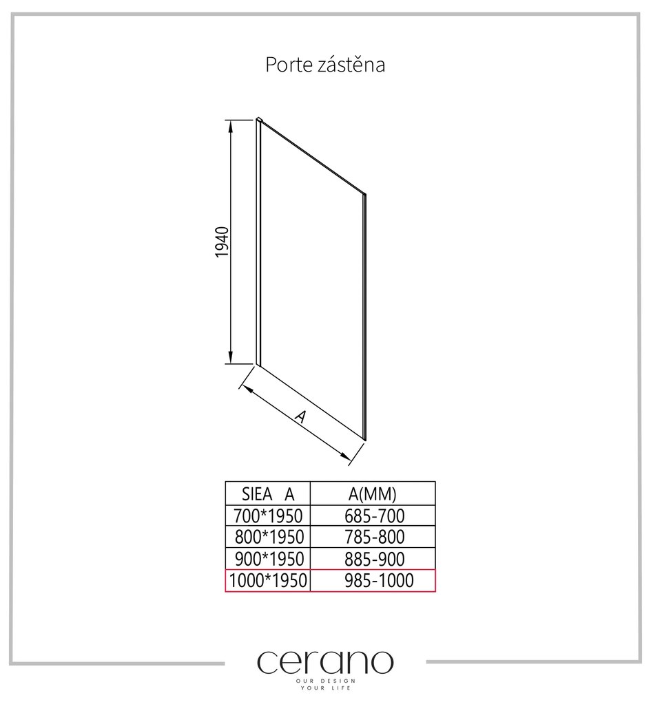 Cerano Porte, sprchová zástěna ke sprchovému koutu 100x195 cm, 8mm čiré sklo, chromový profil, CER-CER-413447